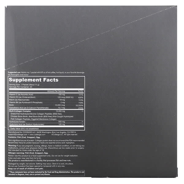 Multi Collagen Peptides Codeage Biotin Keratin Vitamin C 30 gói